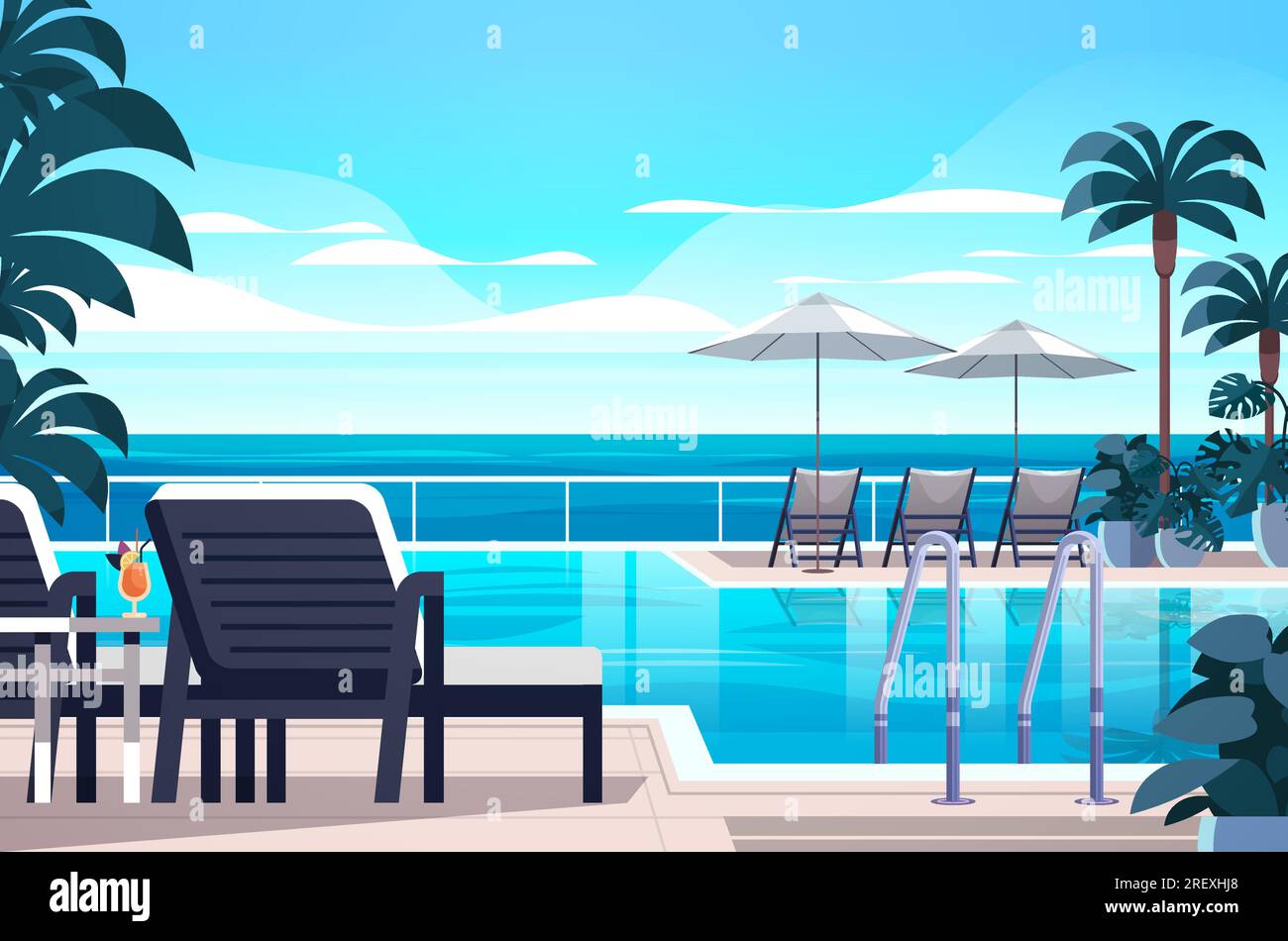 tropical luxury resort hotel beach swimming pool and poolside seating ...