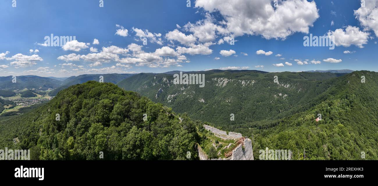 Aerial view of the ruins of the Muran Castle above the village of Muran ...