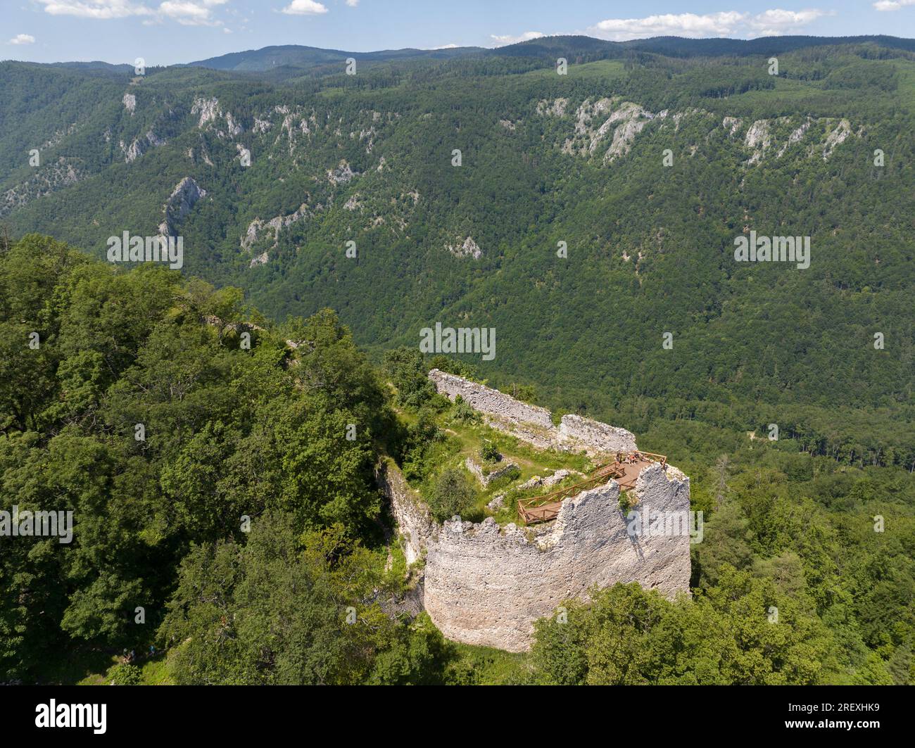 Aerial view of the ruins of the Muran Castle above the village of Muran ...