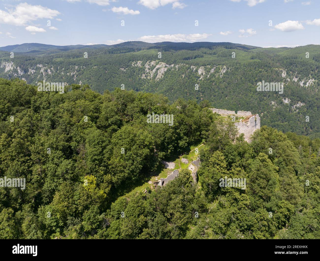 Aerial view of the ruins of the Muran Castle above the village of Muran ...