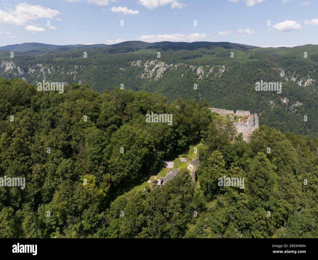 Aerial view of the ruins of the Muran Castle above the village of Muran ...