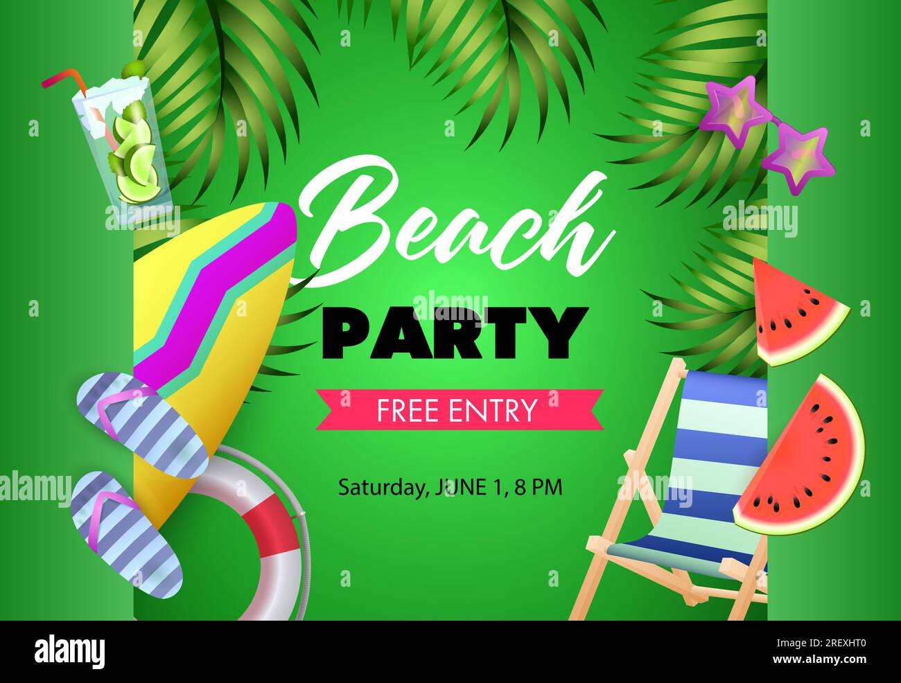 Beach party poster design. Cocktail, surfboard Stock Vector Image & Art ...