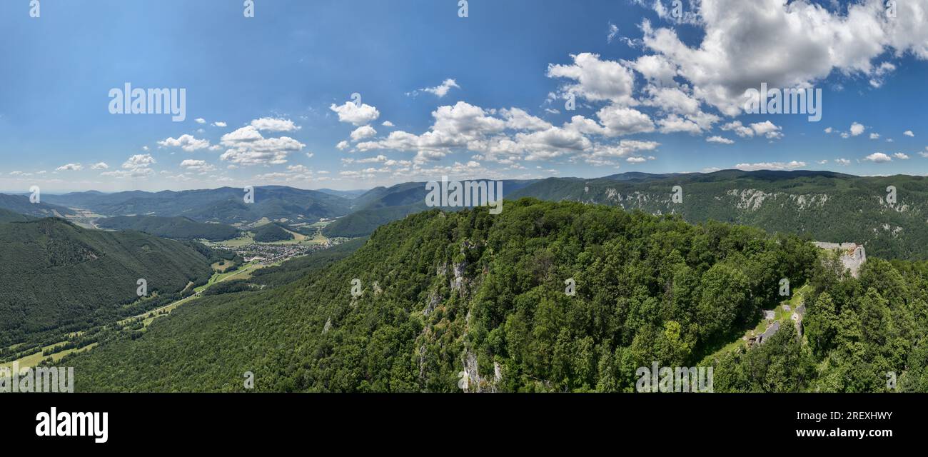 Aerial view of the ruins of the Muran Castle above the village of Muran ...
