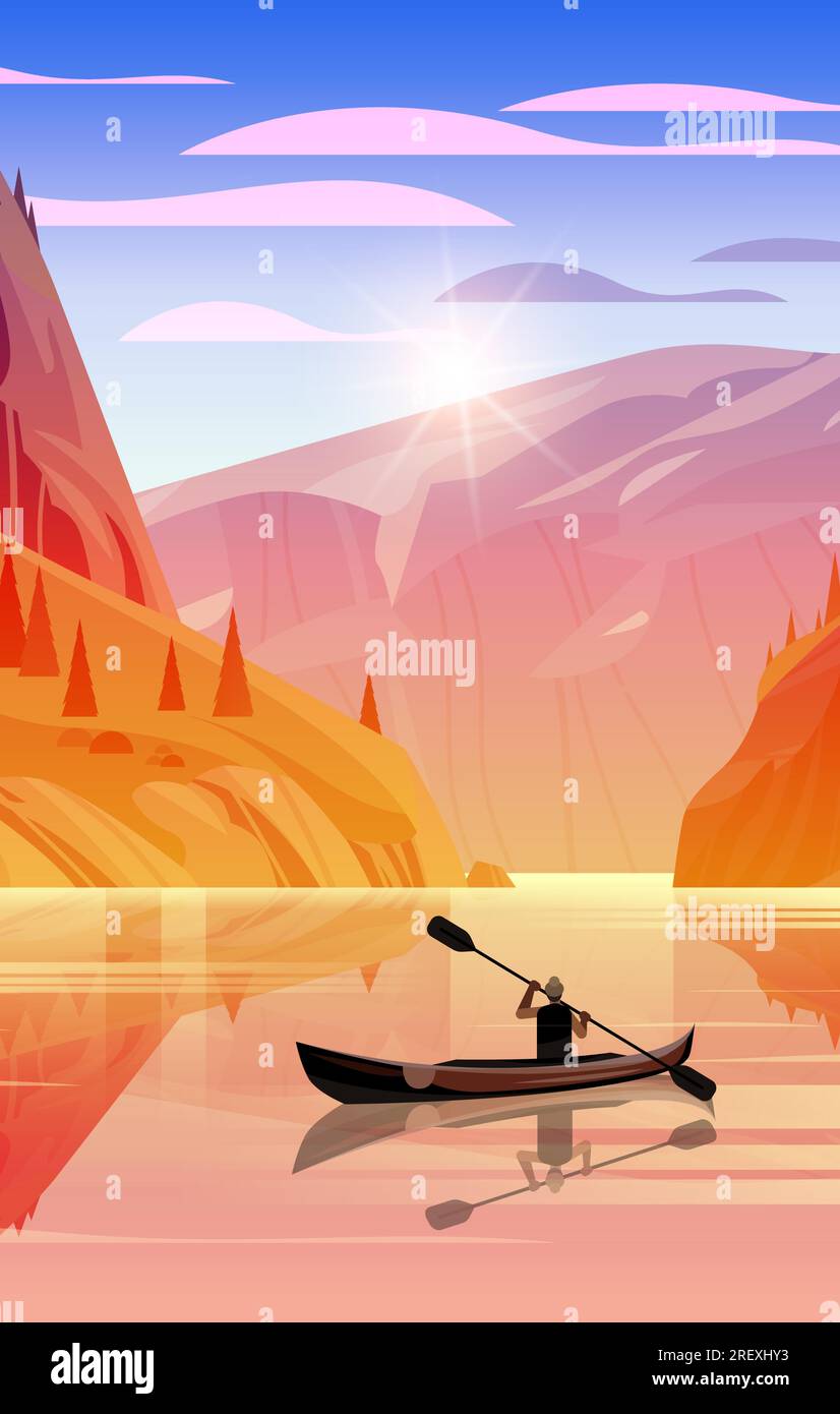 man tourist traveling in boat along mountain river beautiful scenery nature landscape background ...