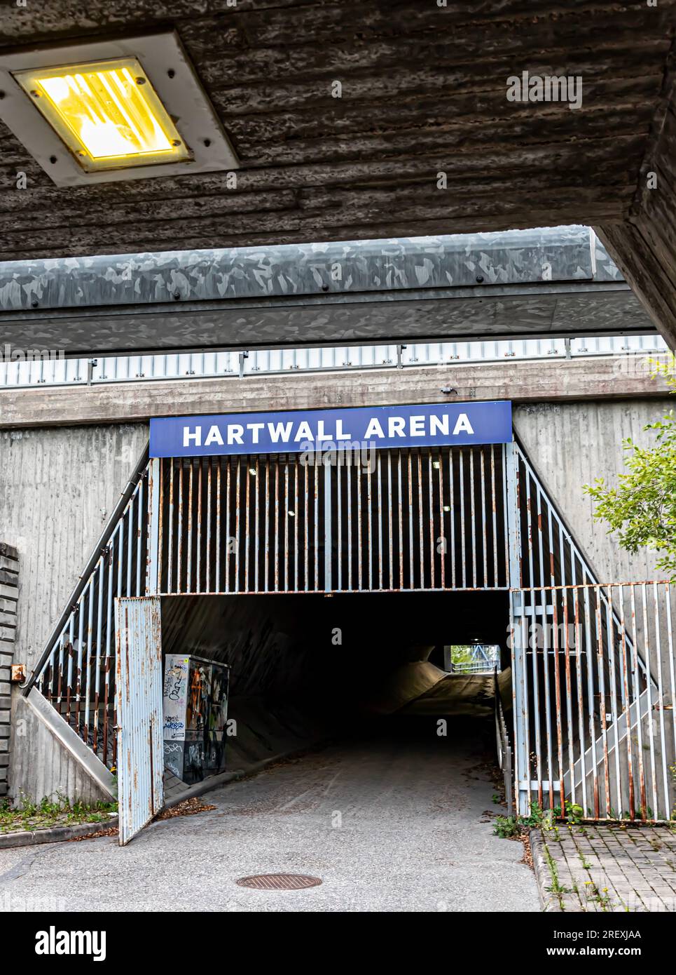 Hartwall Arena sign at a railway underpass at Ratapihantie. Pasila ...