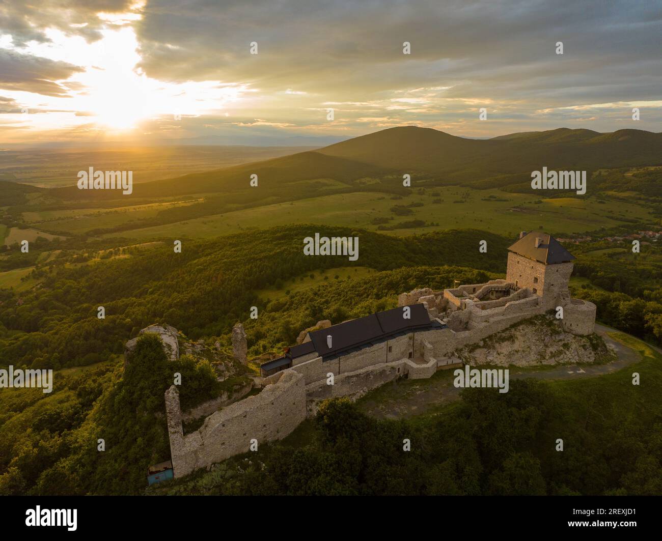 Aerial view of Regec Castle in Hungary - sunset Stock Photo - Alamy