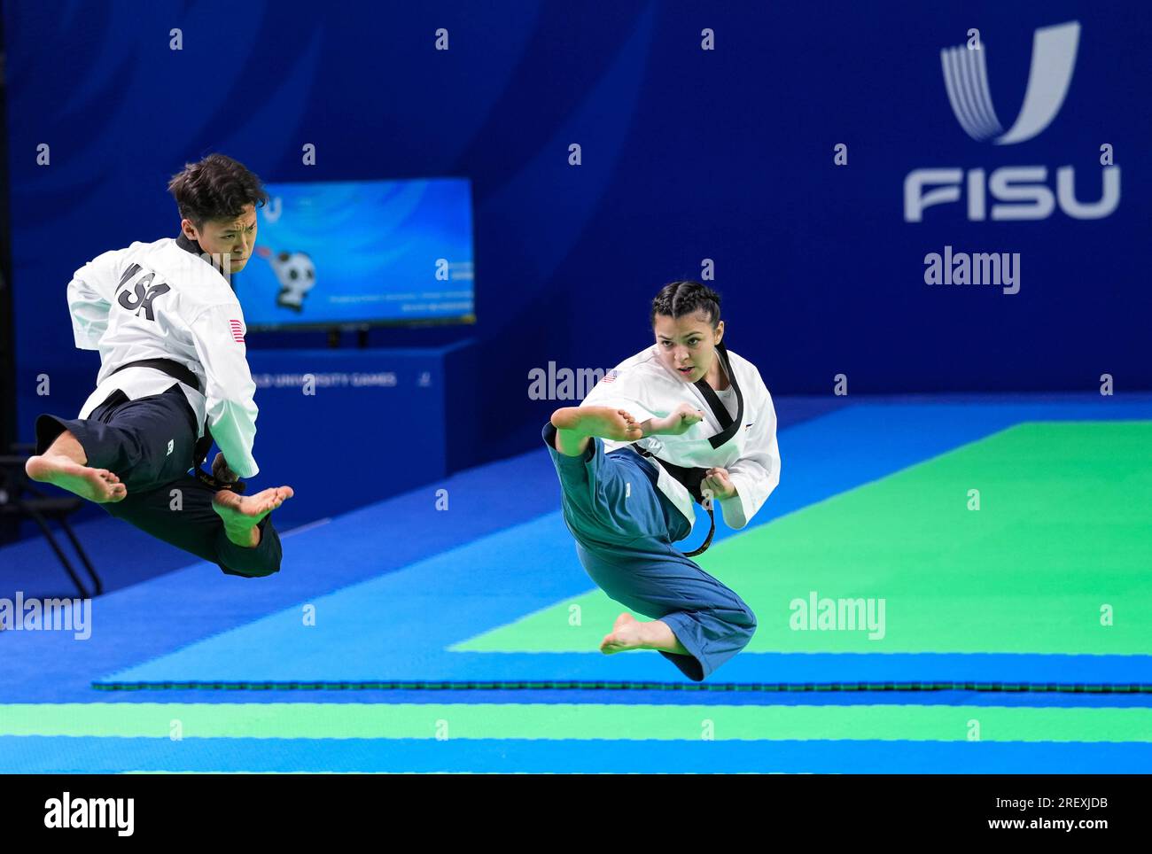 Chengdu, China's Sichuan Province. 30th July, 2023. Alex Lee (L) and Adalis Munoz of the United ...