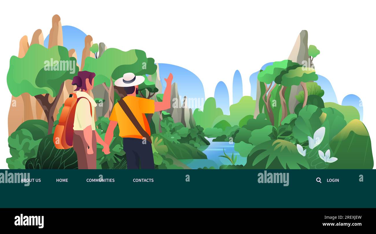 rear view of tourists hikers with backpacks travels along mountains and ...