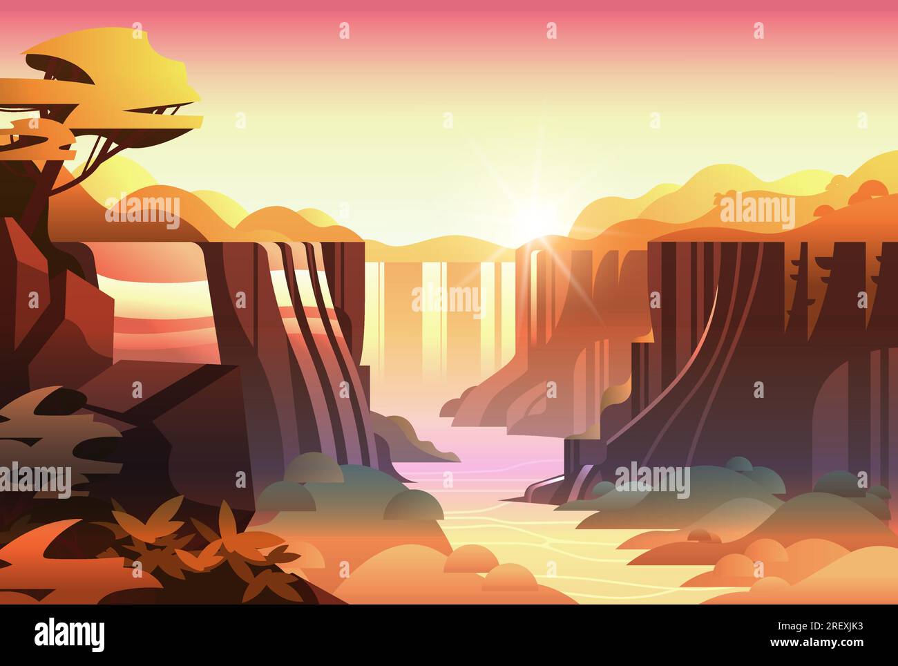 beautiful deep forest waterfall cartoon natural scenery with river ...