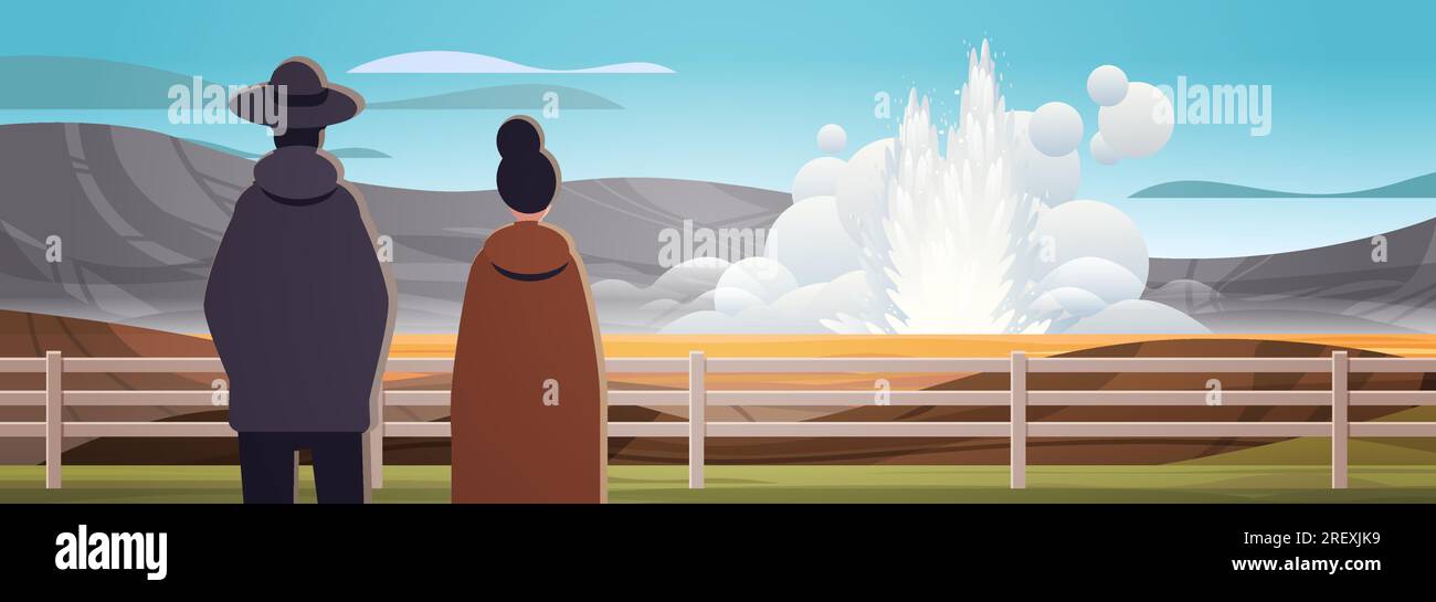 tourists couple near impressive eruption of active geyser hot water ...