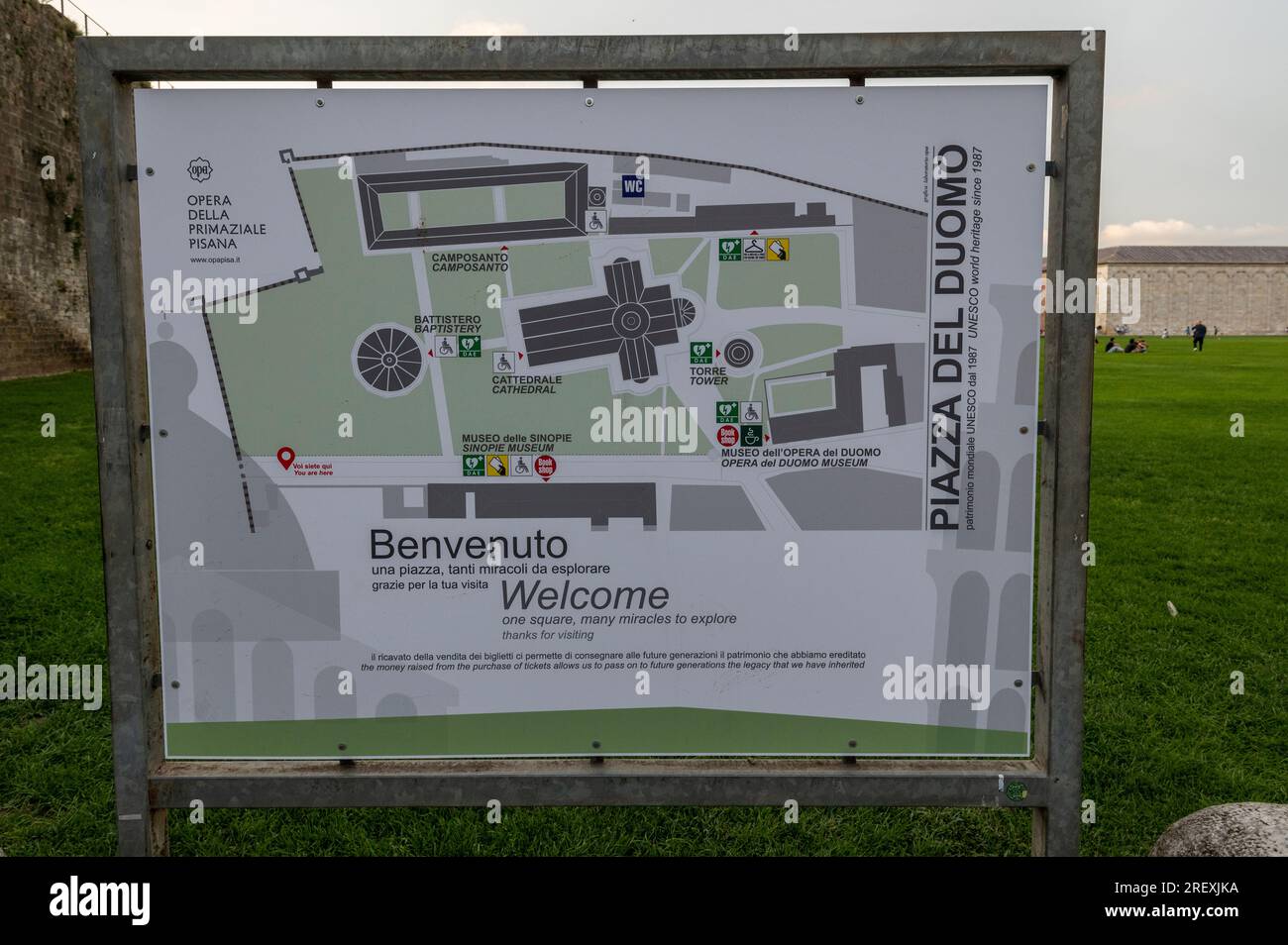 A large tourist map of the Leaning Tower complex on Piazza del Duomo in ...