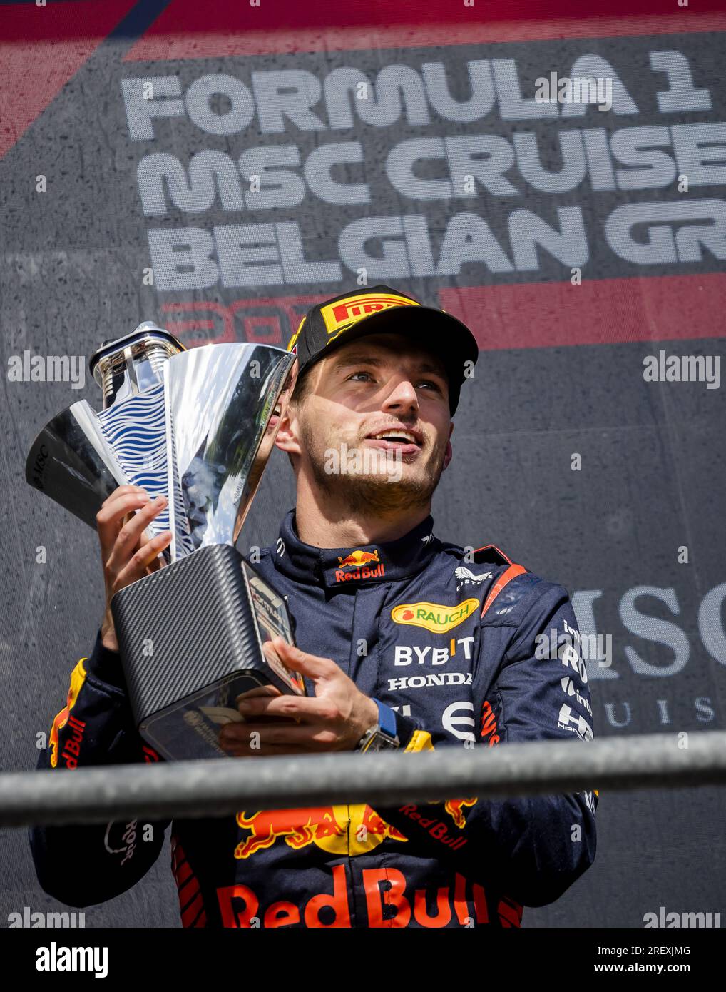 SPA - Max Verstappen (Red Bull Racing) on the podium after winning the Grand Prix of Belgium at ...