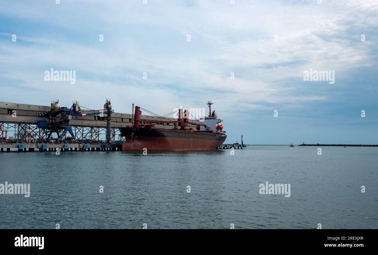 Tanker for oil and petroleum products during loading at the sea cargo ...