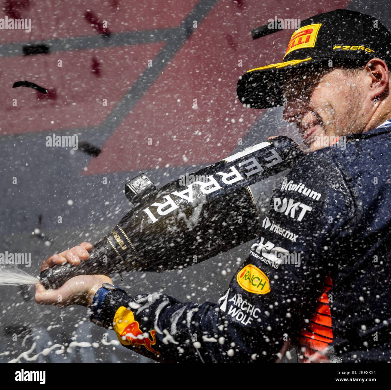 SPA - Max Verstappen (Red Bull Racing) on the podium after winning the Grand Prix of Belgium at ...