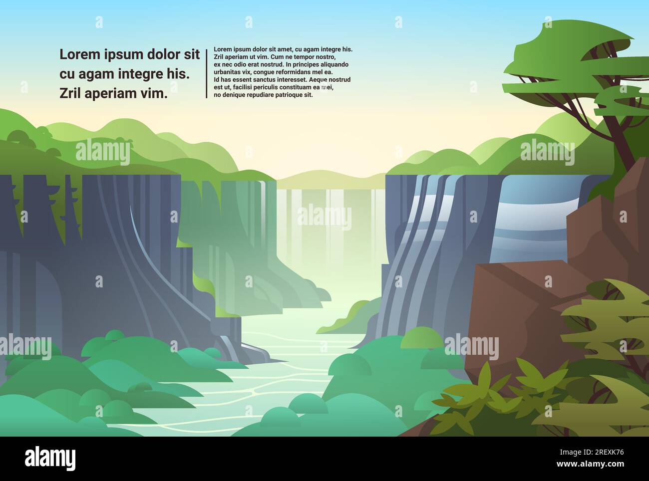 beautiful deep forest waterfall cartoon natural scenery with river ...