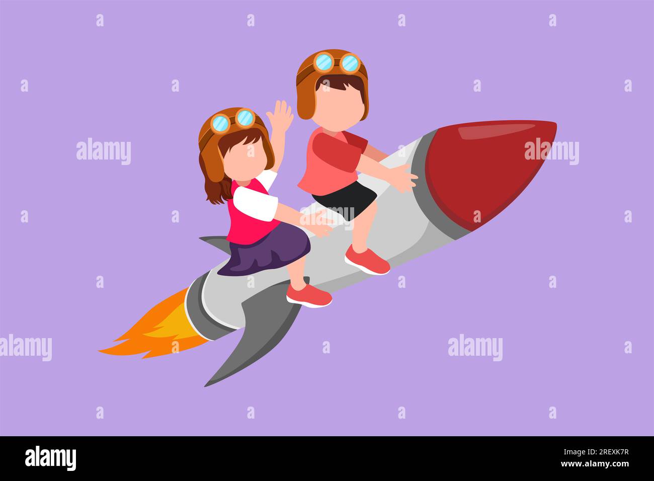 Cartoon flat style drawing happy little boy and girl sitting on flying ...