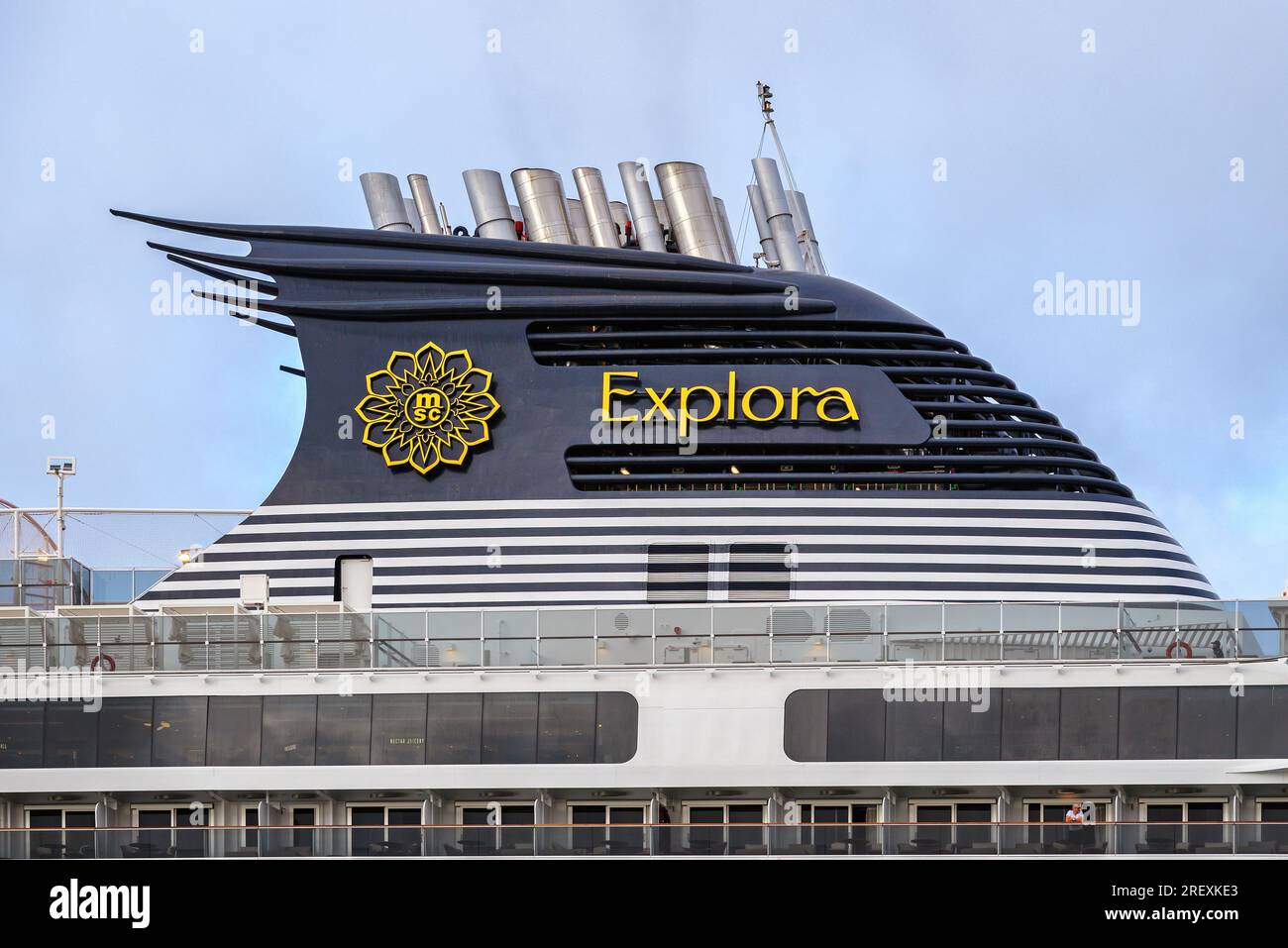 Detail view of Explora Journeys' funnel logo.Explora I is a luxury cruise ship operated by MSC ...