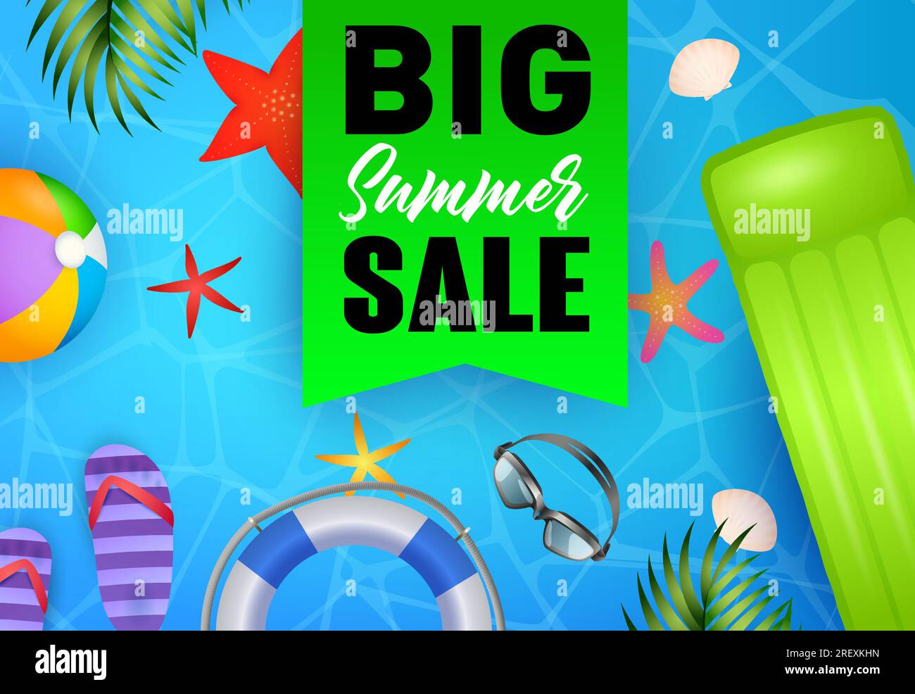 Big Summer Sale lettering, floating raft, flip flops, lifebuoy Stock ...