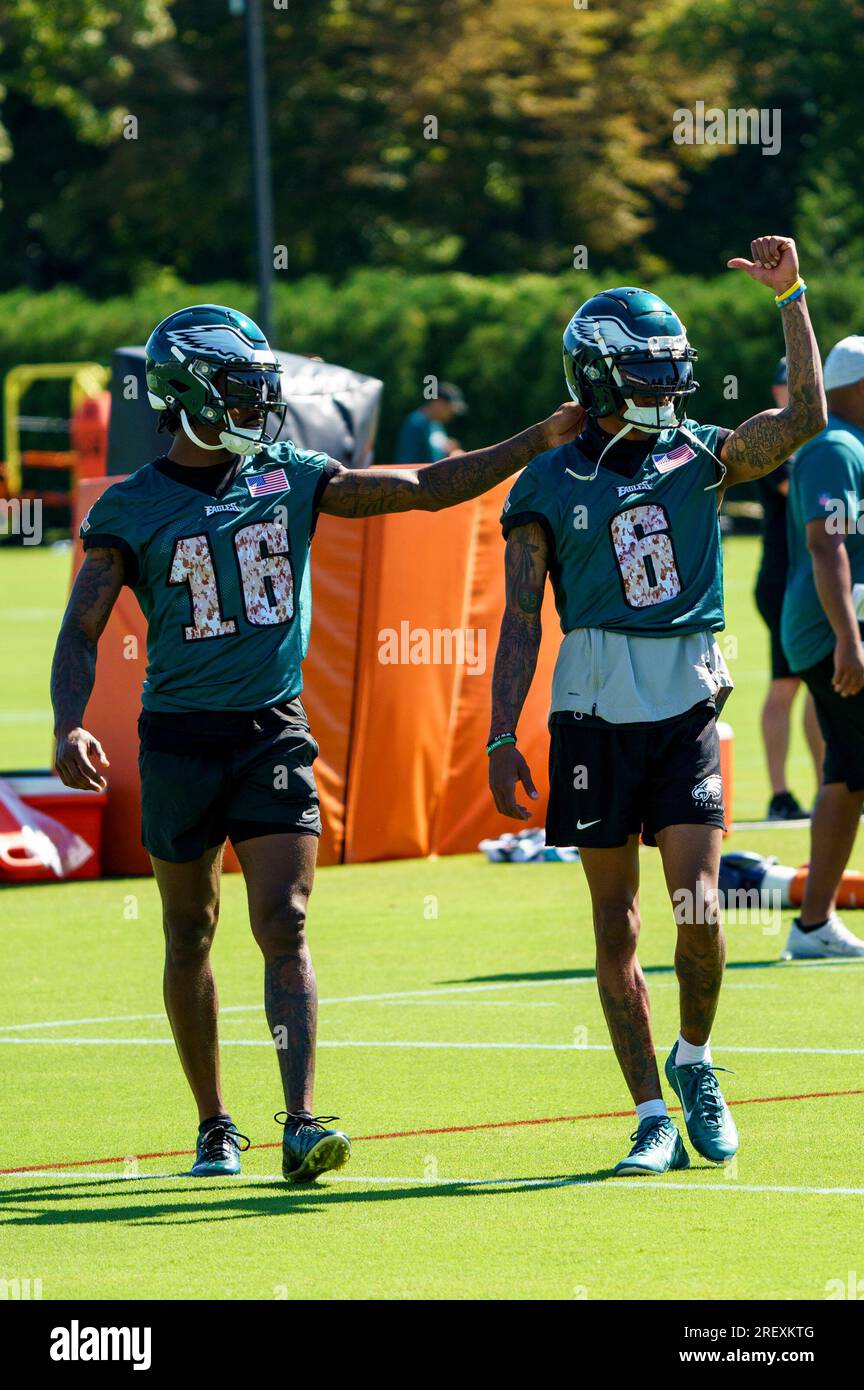 Philadelphia Eagles' DeVonta Smith, right, directs with Quez Watkins ...