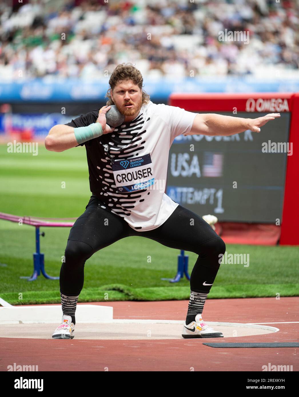 Ryan Crouser of the USA competing in the men’s shot put at the Wanda ...