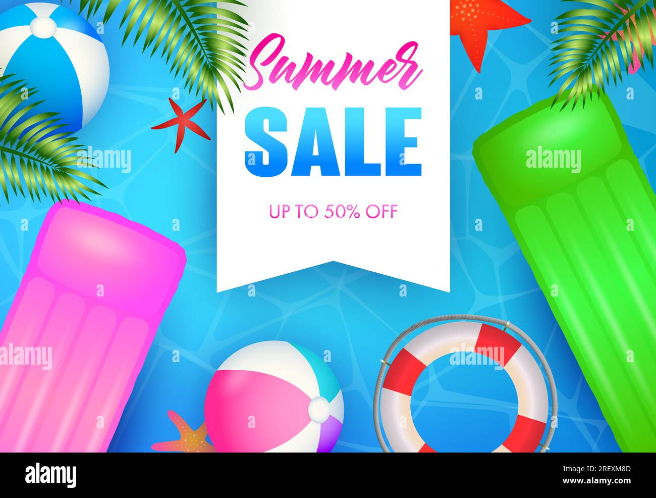 Summer Sale lettering, floating raft, beach balls and lifebuoy Stock ...