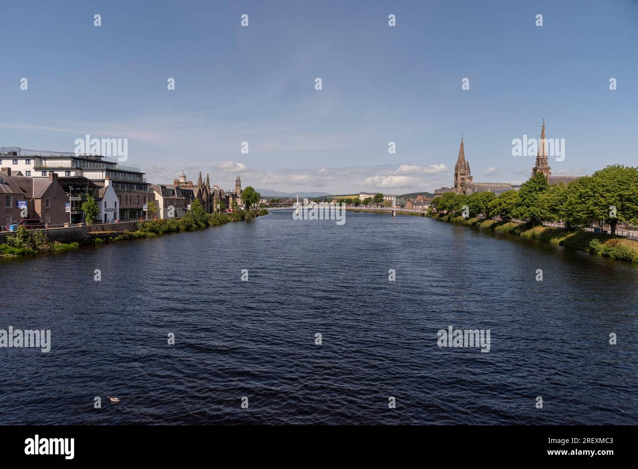 Inverness Scotland, UK. 3 June 2023. View upstream of the River Ness ...