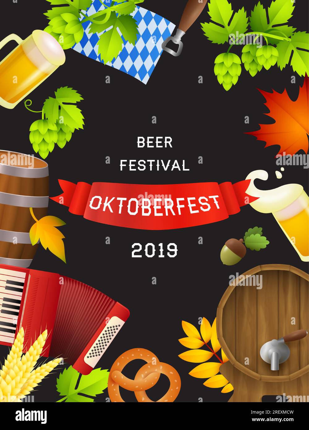 Beer festival Oktoberfest lettering on red streamer and fest symbols ...
