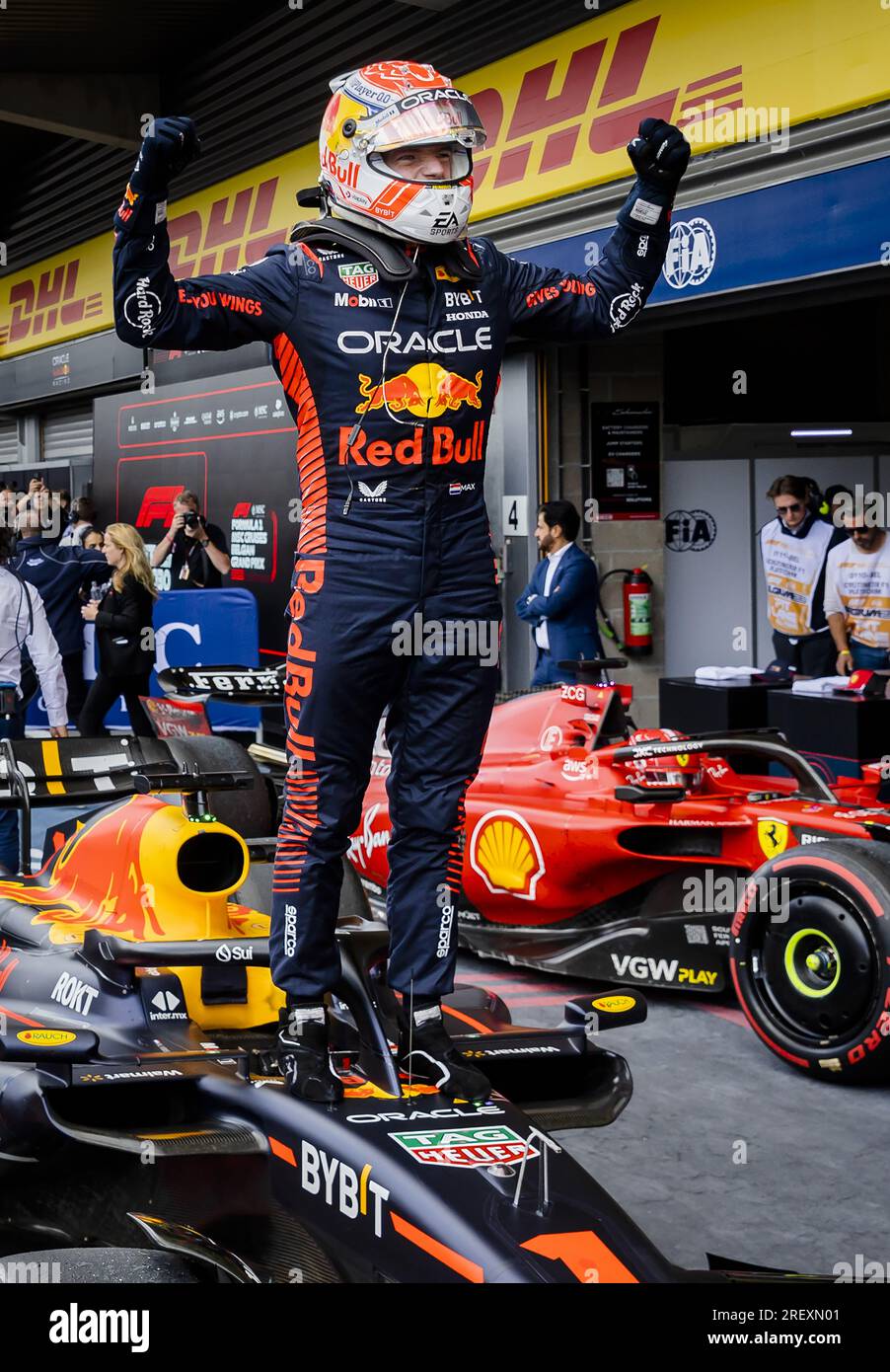 SPA - Max Verstappen (Red Bull Racing) cheers after winning the Grand Prix of Belgium at the ...