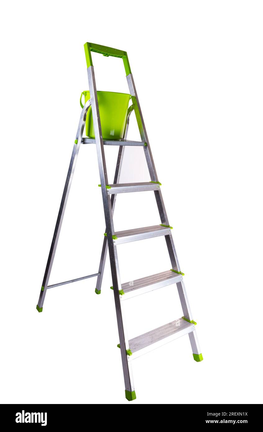 ladder with bucket isolated on white background Stock Photo - Alamy