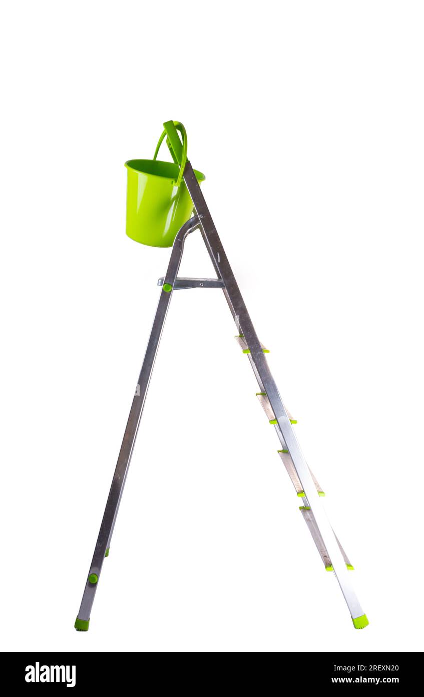 ladder with bucket isolated on white background Stock Photo - Alamy