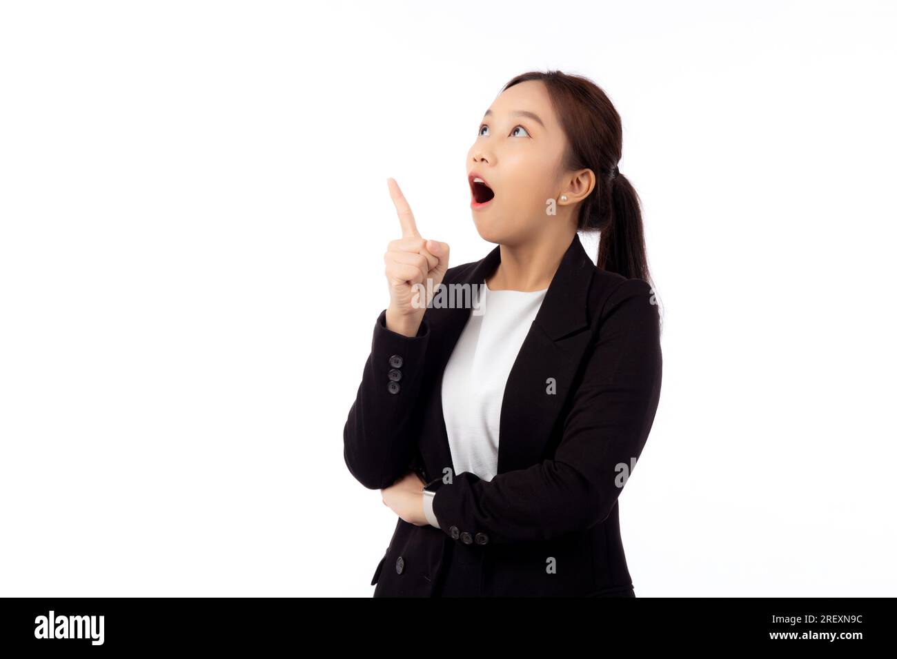 portrait young asian business woman pointing and presenting isolated on ...