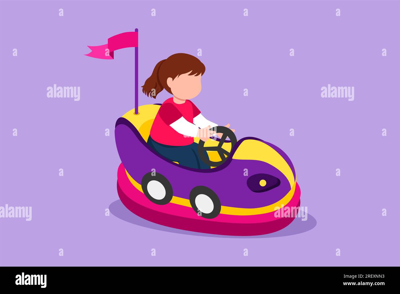 Graphic flat design drawing of pretty little girl riding in bump car at ...