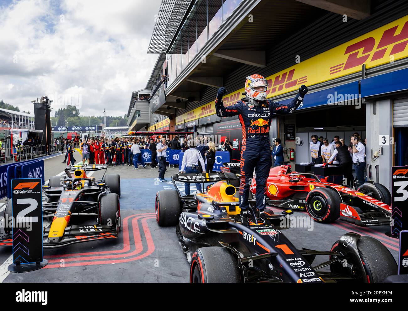 SPA - Max Verstappen (Red Bull Racing) cheers after winning the Grand Prix of Belgium at the ...