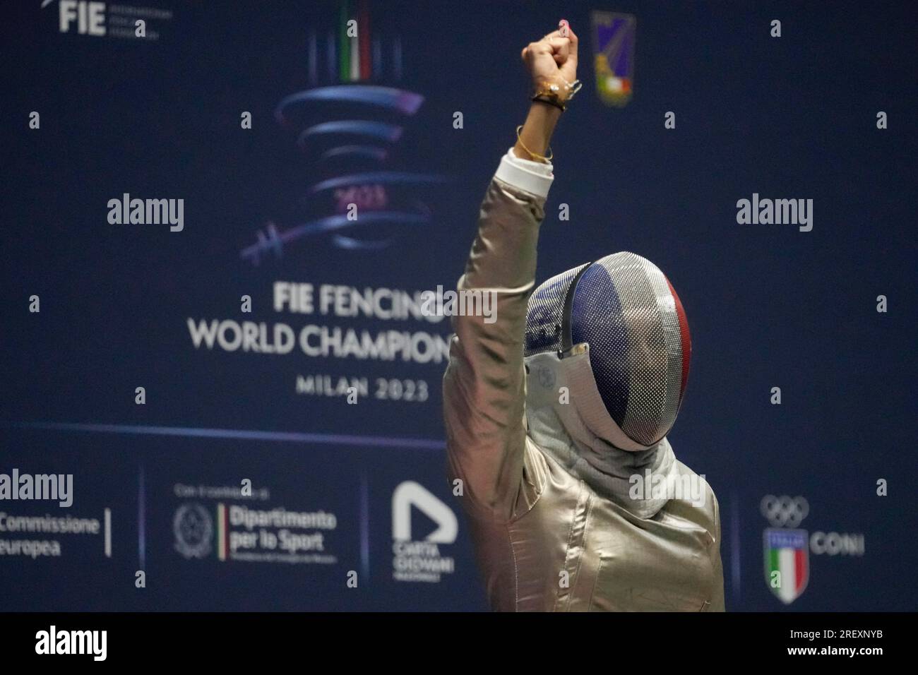France's Sara Balzer celebrates as she competes against Hungary's Anna ...