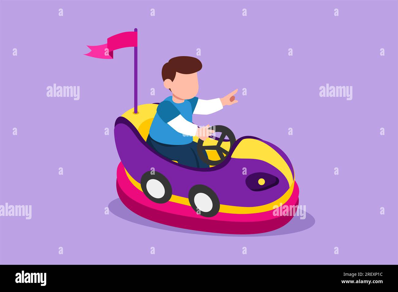 Graphic flat design drawing cheerful little boy riding in bump car at ...