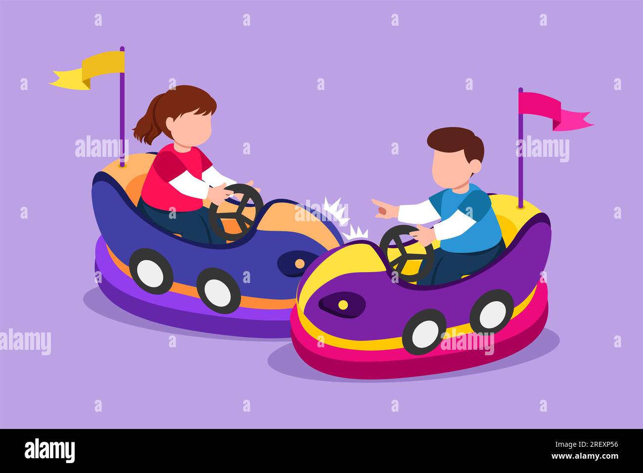 Graphic flat design drawing cheerful children driving bumper car. Happy ...