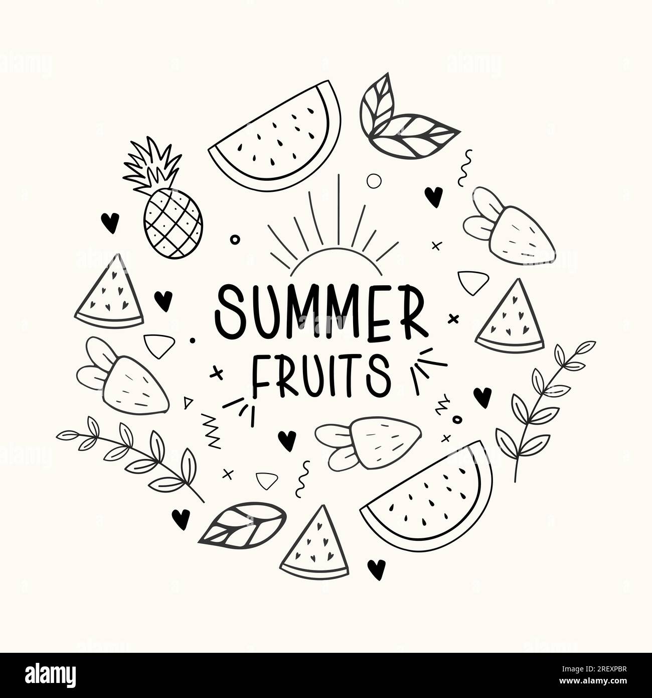 Hand drawn summer fruits frame with watermelon and strawberry Stock ...