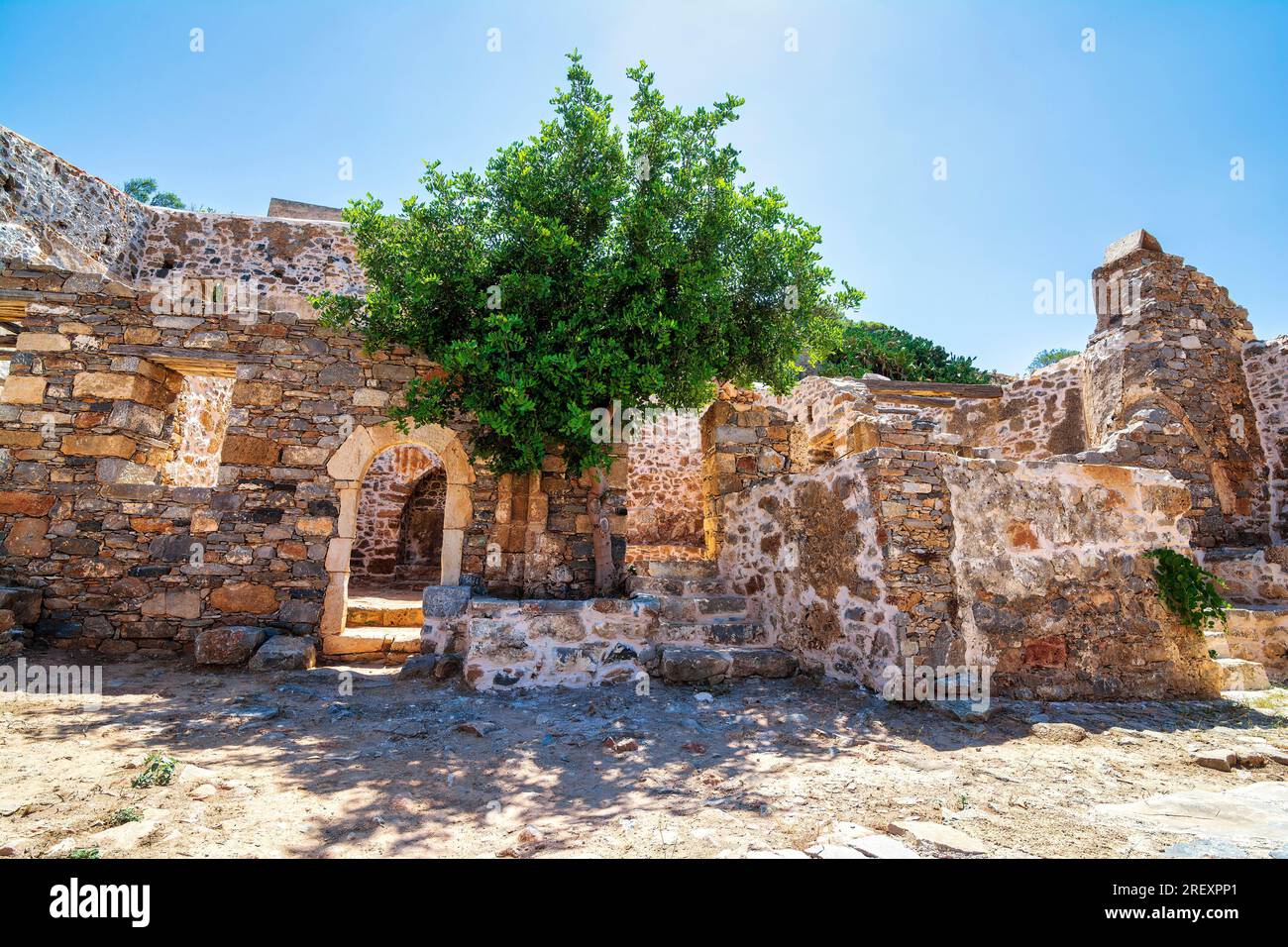 Buildings in the fortress on the island of Spinalonga at the Gulf of ...