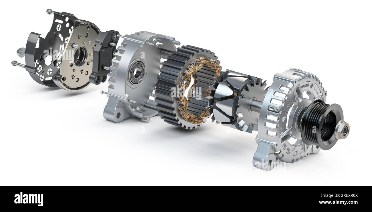 Structire and scheme of car alternator, generator isolated on white ...