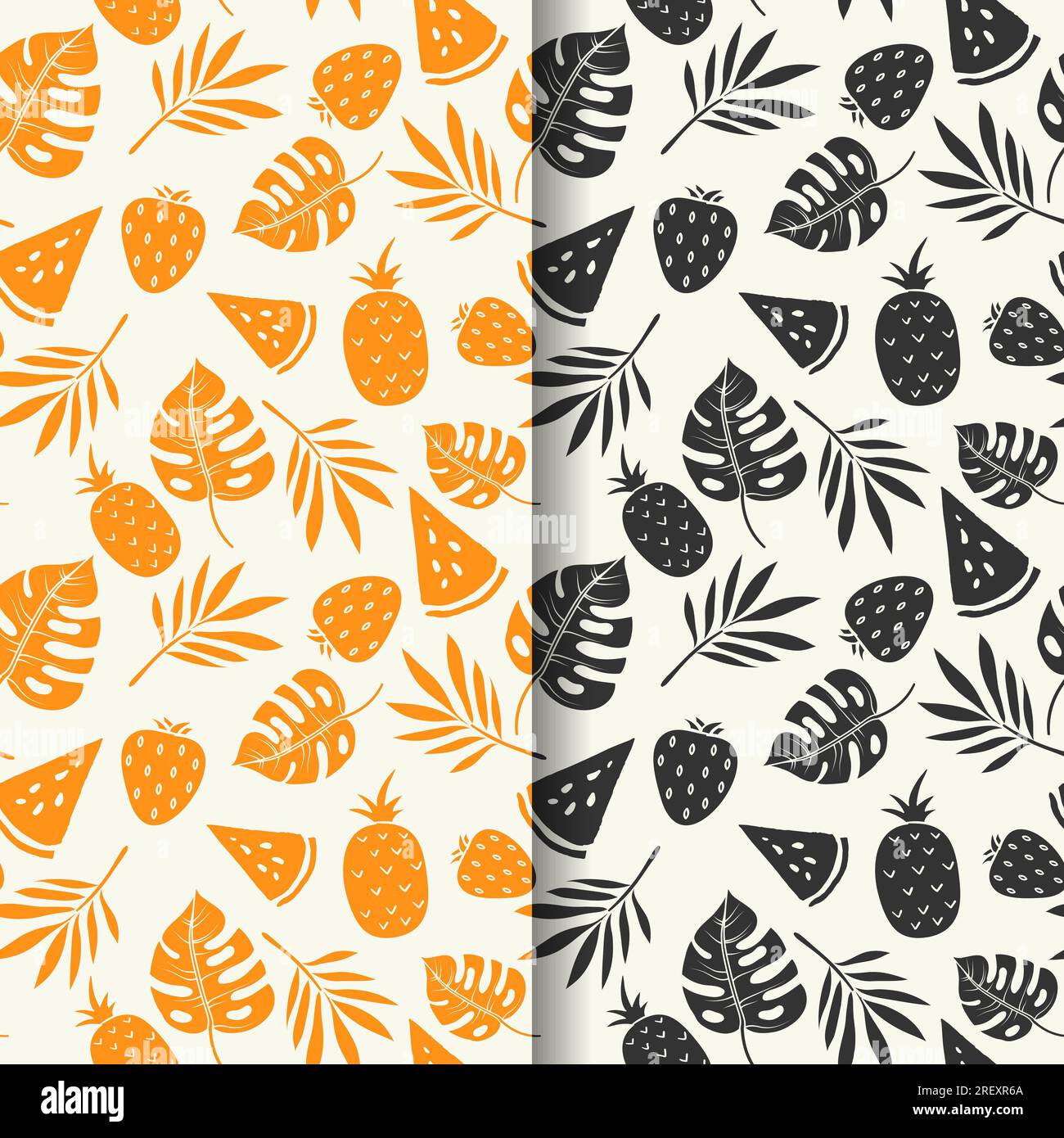 hand drawn summer duotone pattern design with fruits and tropical ...