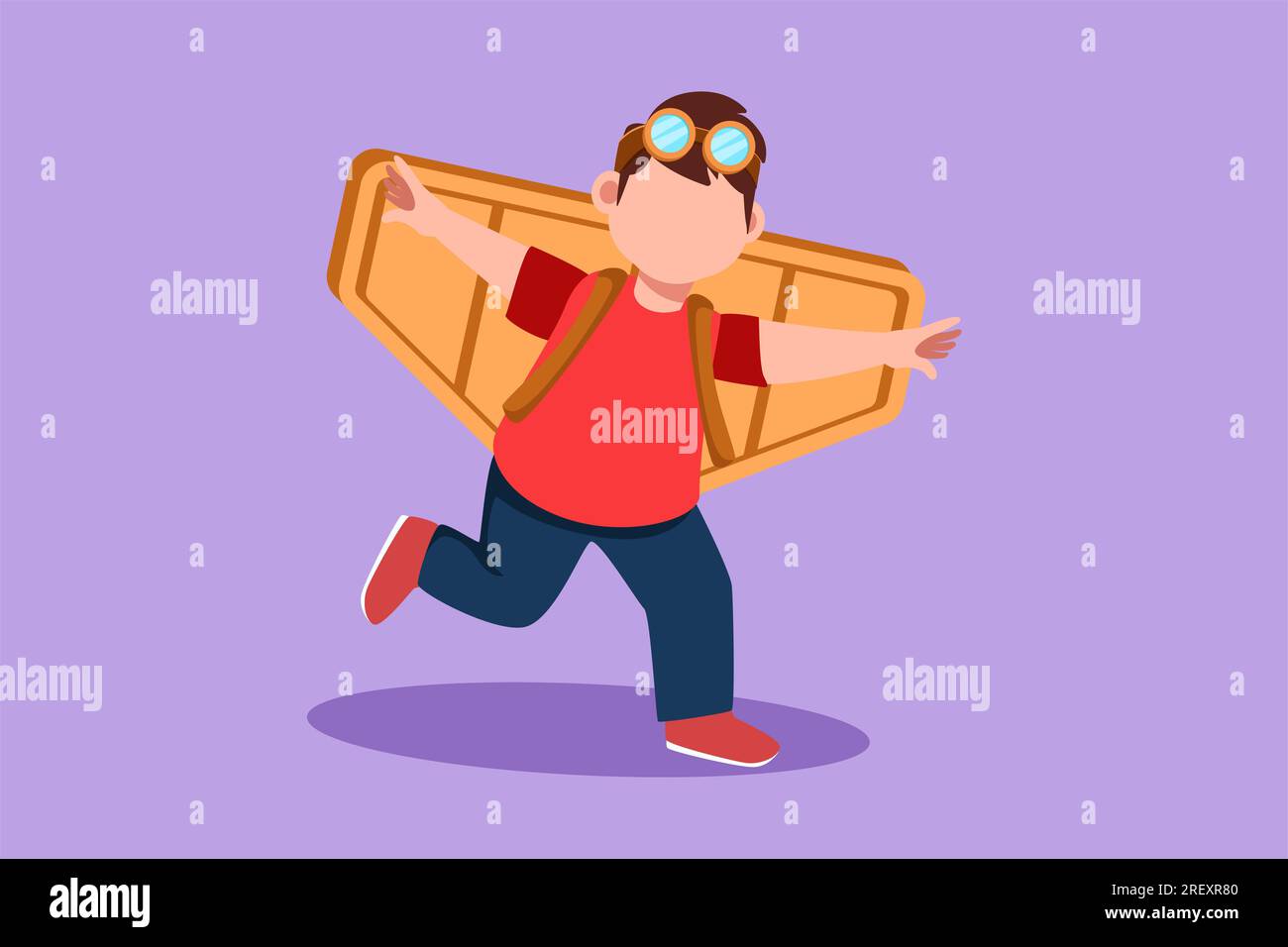 Cartoon flat style drawing adorable little boy play toy plane cardboard ...