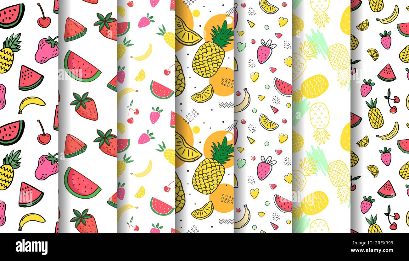 Summer pattern collection with fruits illustration watermelon cherry ...