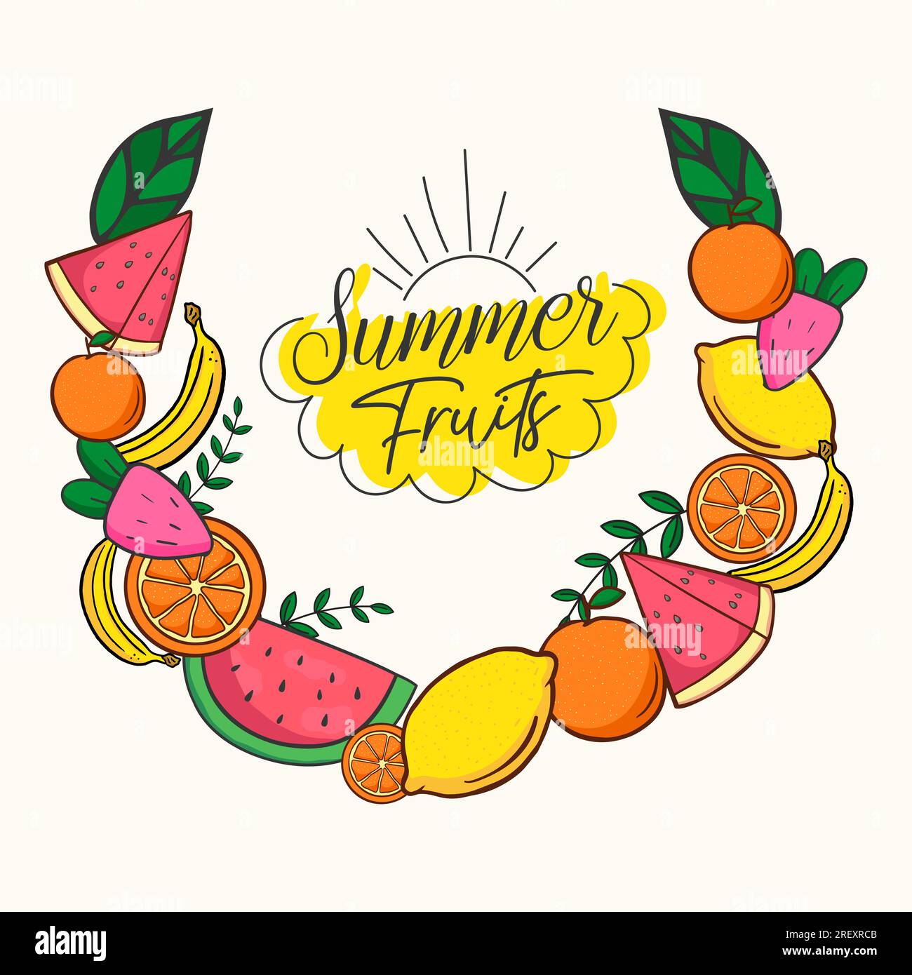 Hand drawn summer fruits illustration collection watermelon pineapple ...