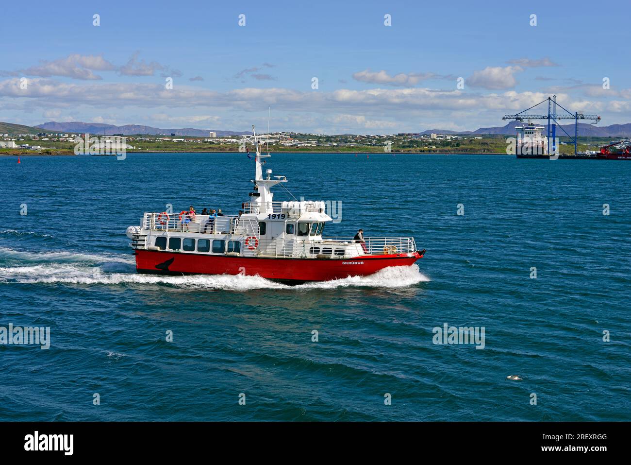 The Videy Island Ferry 'Skrudur' is seen returning to the pier adjacent ...