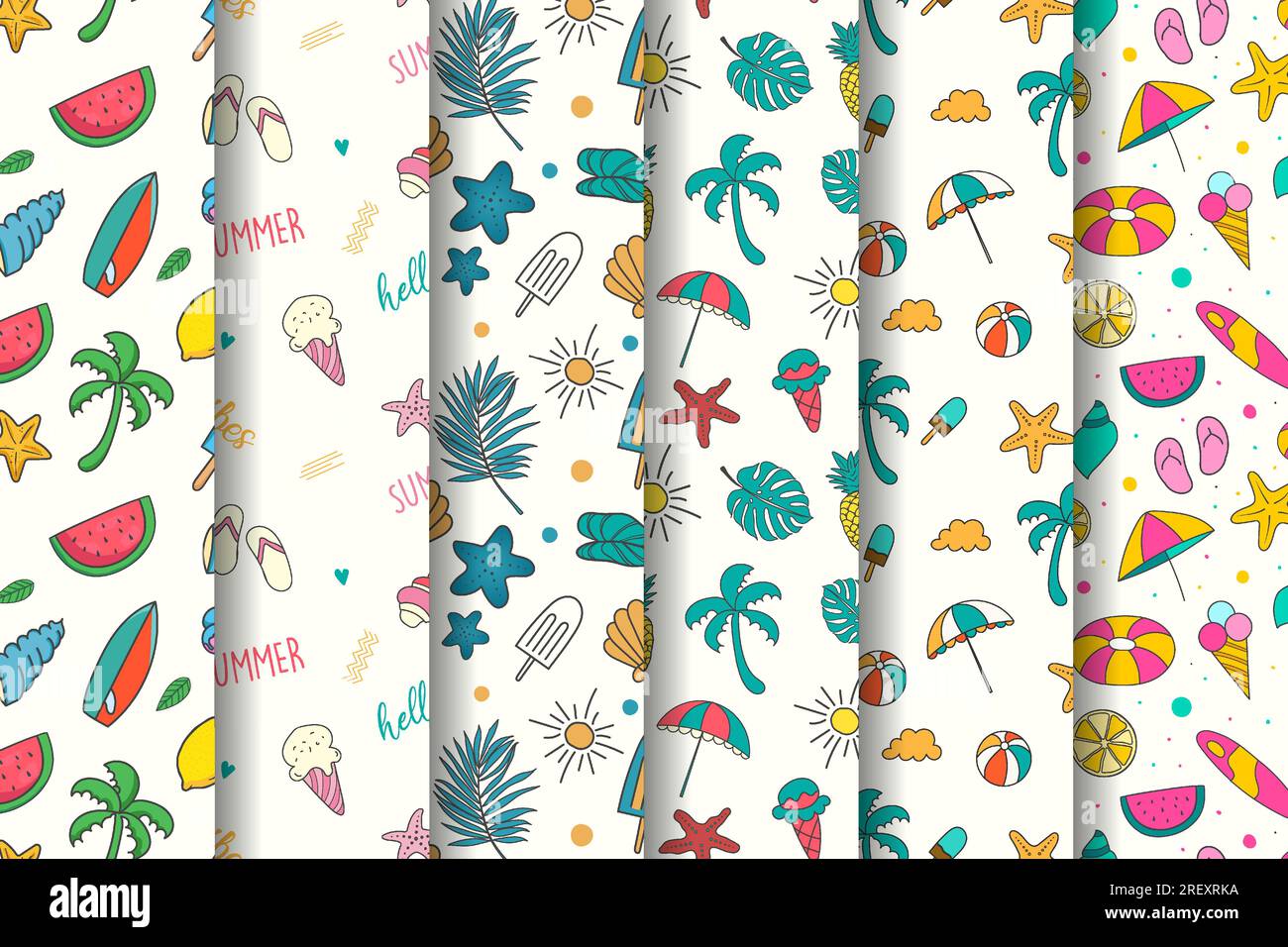 Summer patterns collection with colorful summer elements illustrations ...