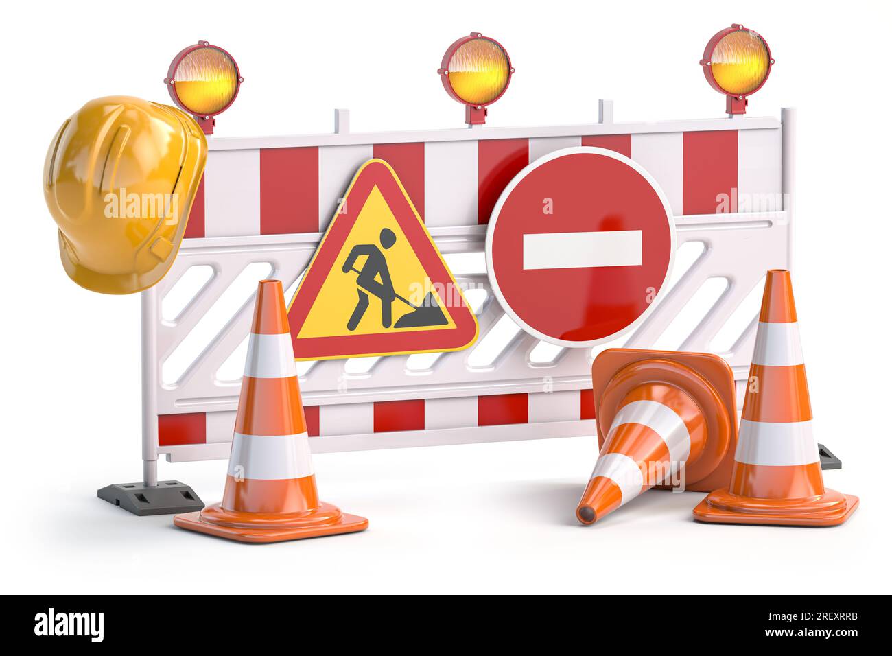 Under construction. Road barrier with trafic signs, cones and hard hat ...