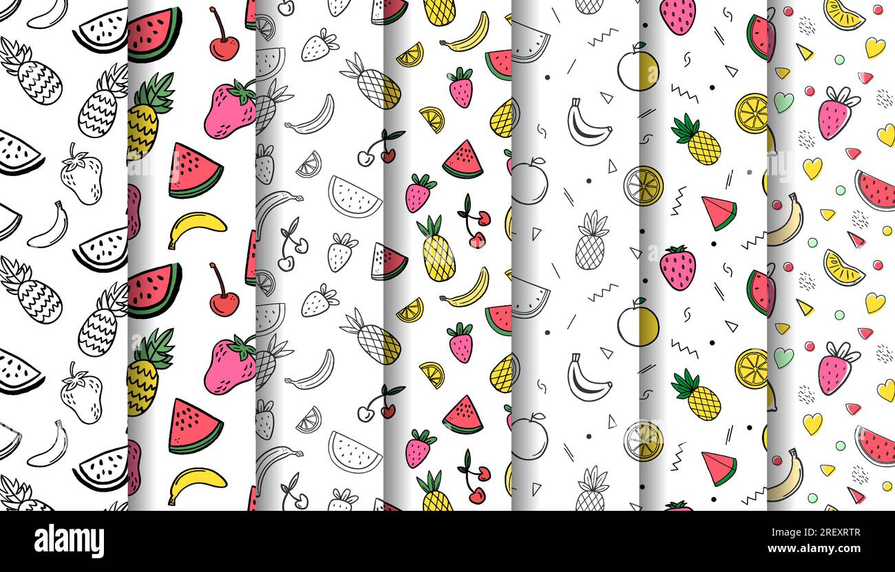 hand drawn Summer pattern collection with fruits watermelon cherry ...