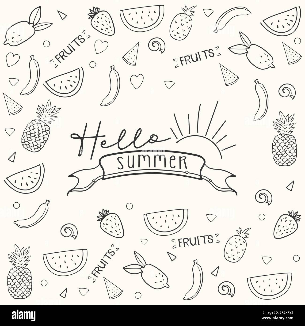 Doodle collection of Hand drawn summer fruits with watermelon pineapple ...