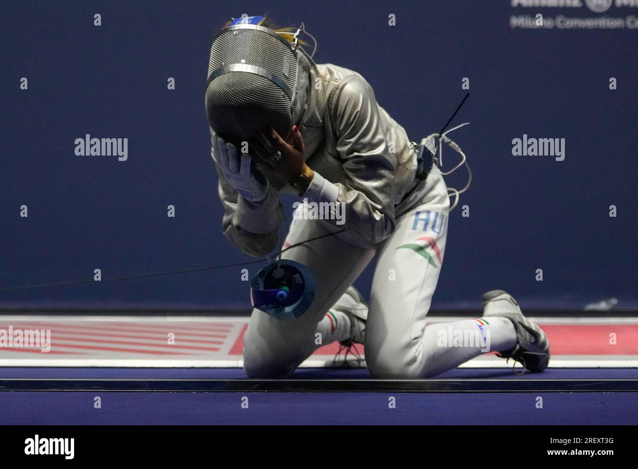 Hungary's Lisa Pusztai celebrates after winning the women's Team Sabre ...