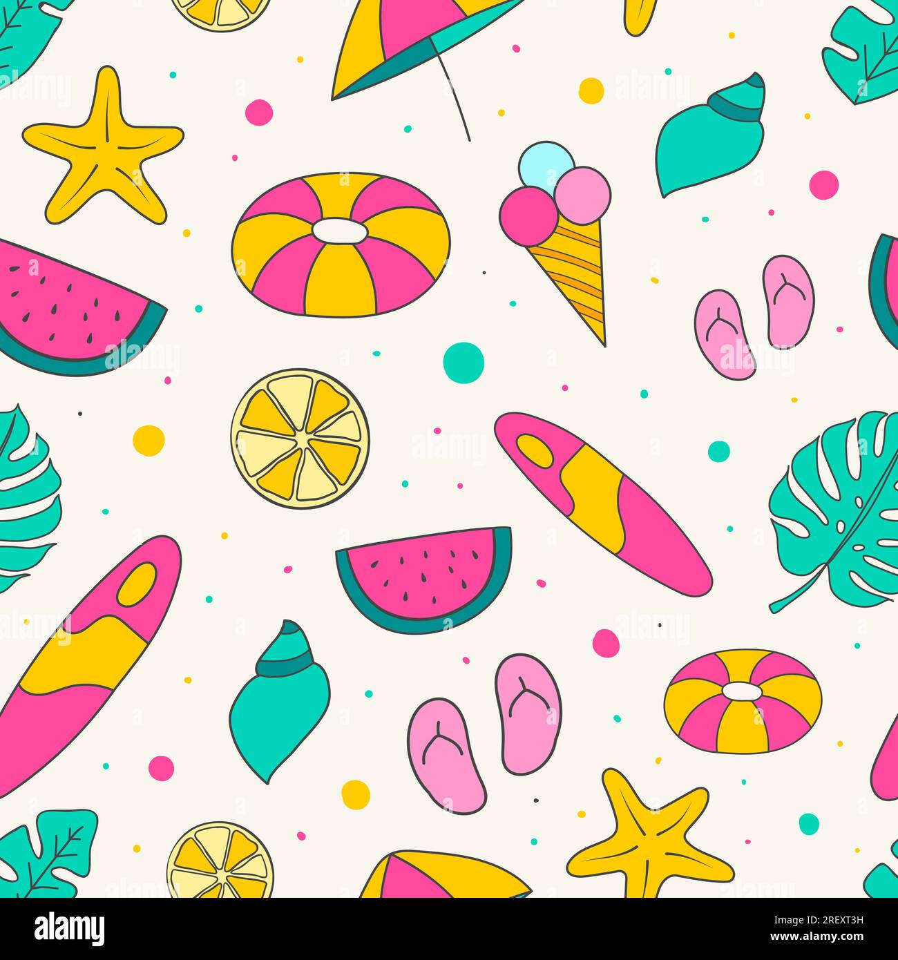 Summer seamless pattern background with colorful hand drawn summer ...